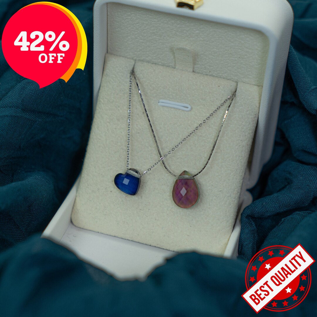 Mood Stone Teardrop and Hearth Necklace, Feeling Stone Gold Necklace ...