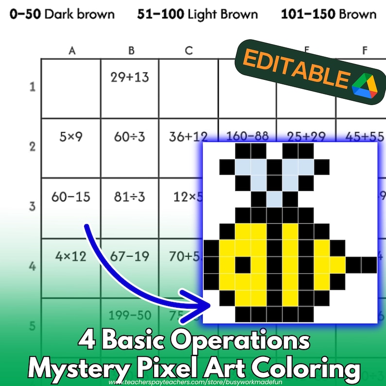 Math Pixel Art Puzzle Worksheet: Elementary Operations, Animal Theme ...