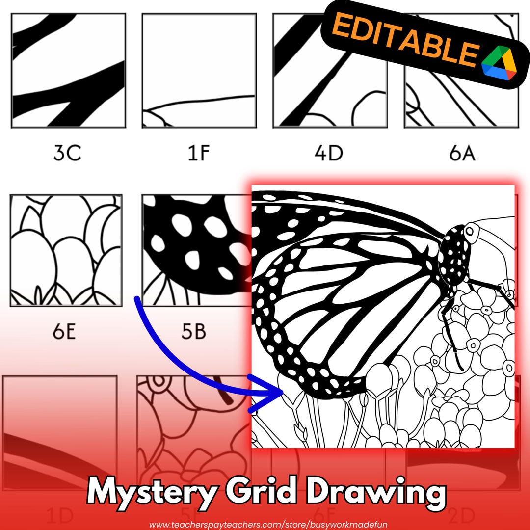 Butterfly Mystery Grid Drawing: Printable, Editable Worksheet (PDF ...