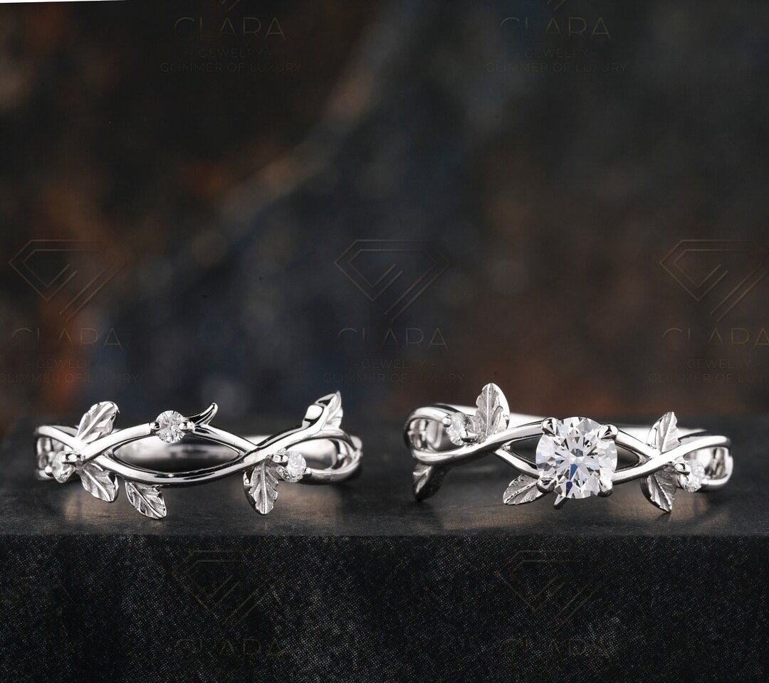 Twig Ring Set, Round Moissanite 1.50 CT Dainty Twig Engagement Set, Rose Gold Branch Bridal Set ...