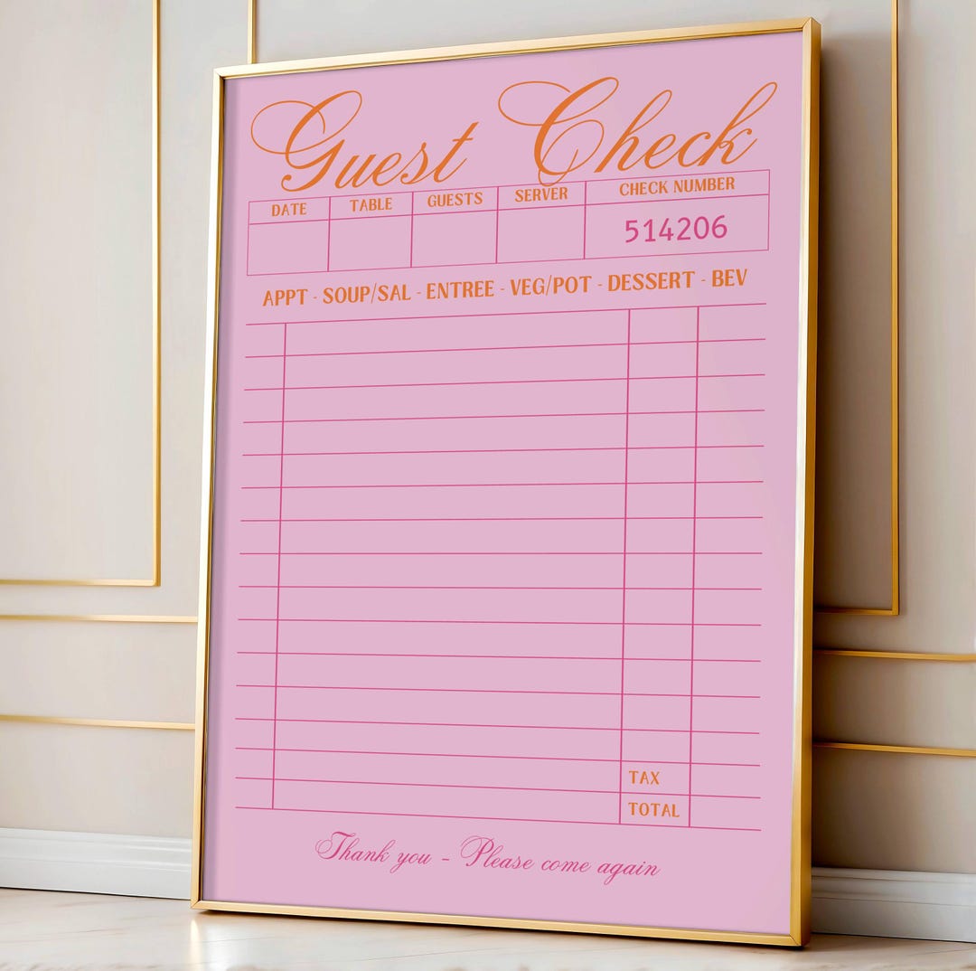 Blank Guest Check Poster, Vintage Pink and Orange Guest Check Wall Art ...