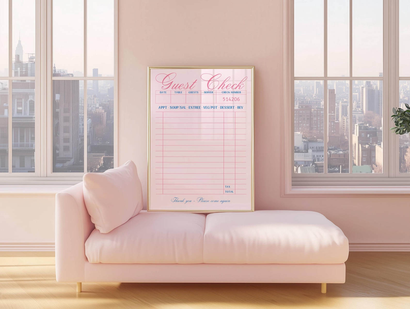 Blank Guest Check Poster, Vintage Pink Guest Check Wall Art, Blank Gift ...