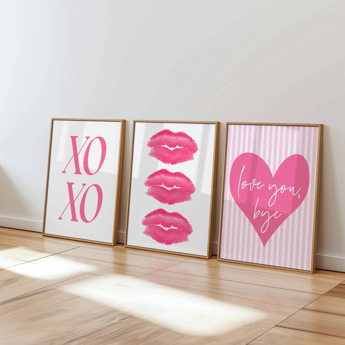 Trendy Pink Wall Art Set of 3, Kiss Lips Poster, Love You Bye, XOXO ...