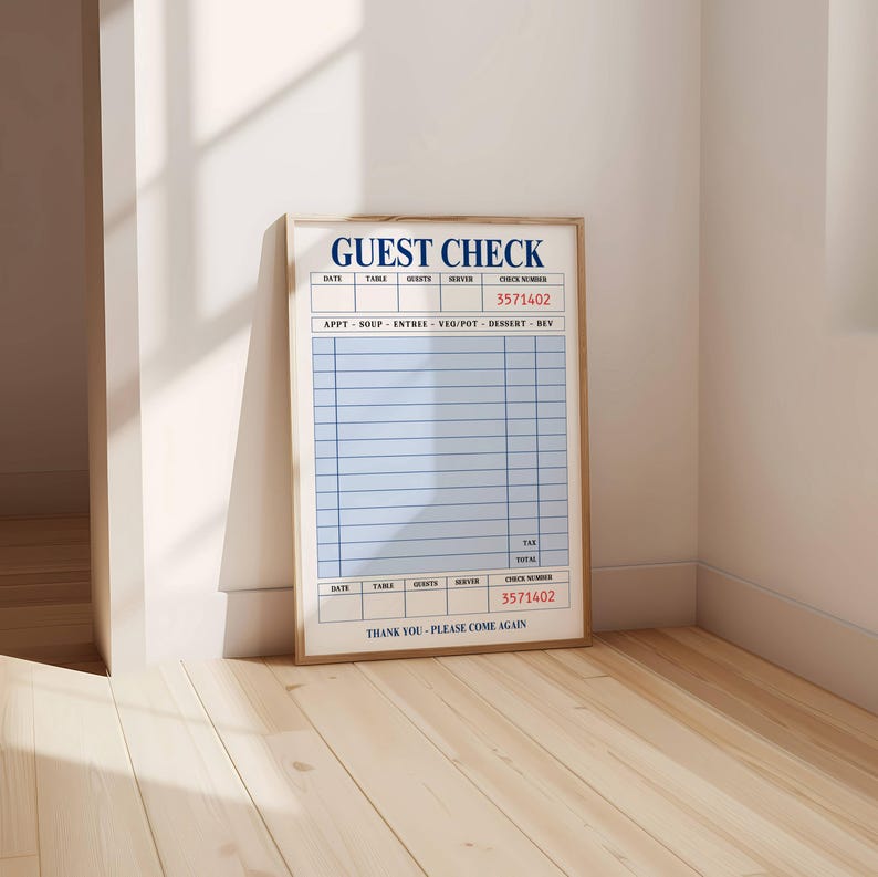 Blank Guest Check Print, Vintage Blue Guest Check Wall Art, Blank Gift ...