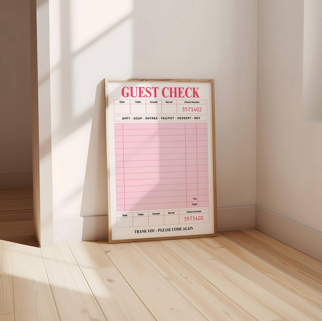Blank Guest Check Print, Vintage Pink Guest Check Wall Art, Blank Gift ...