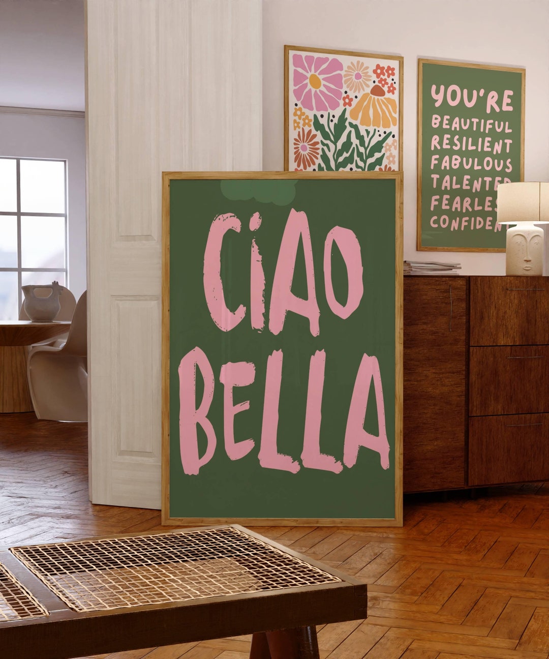 Ciao Bella Print | Green & Pink Digital Art | Italian Saying Poster ...