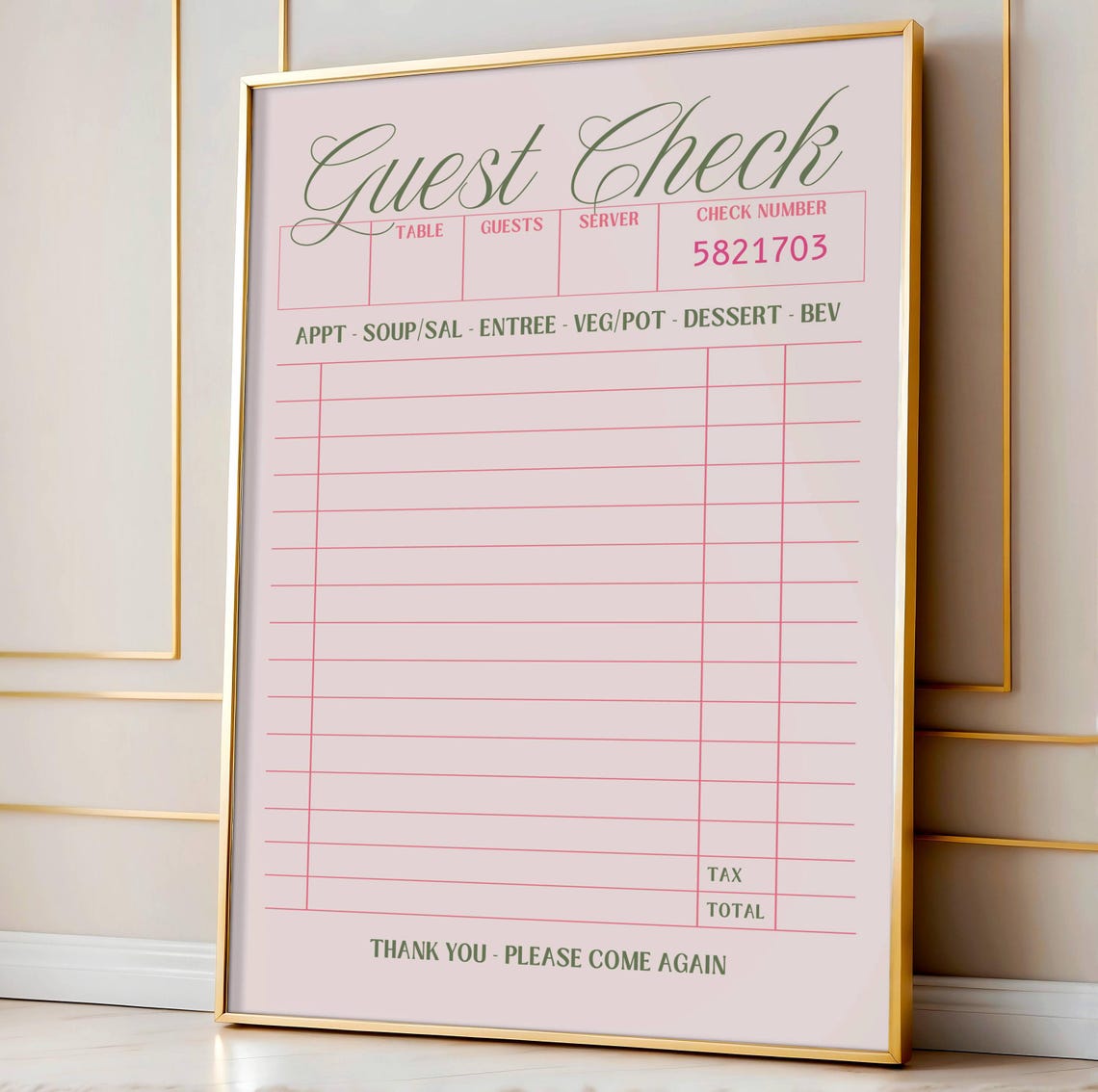Blank Guest Check Print, Vintage Pink and Green Guest Check Wall Art ...
