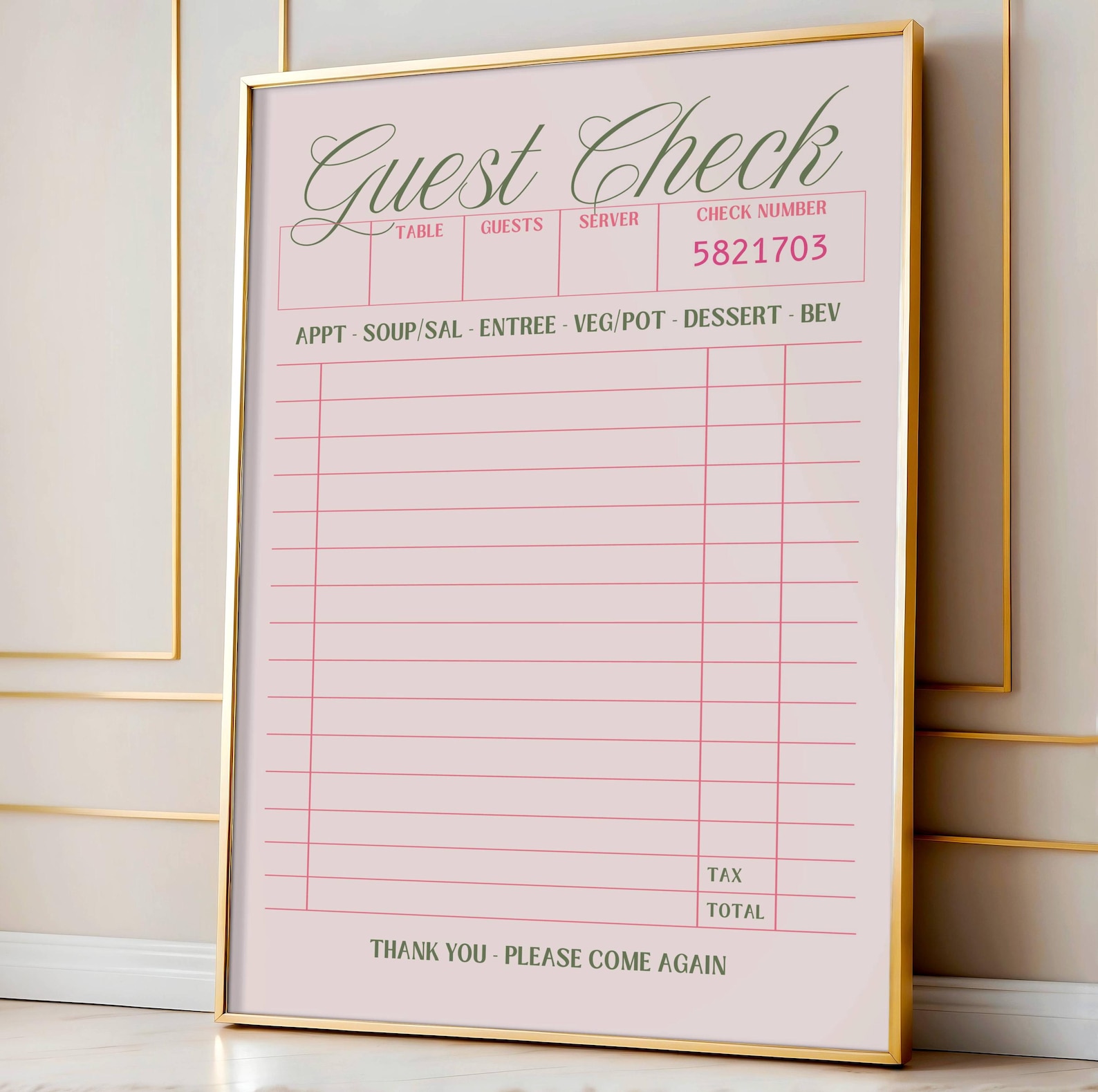Blank Guest Check Print, Vintage Pink and Green Guest Check Wall Art ...