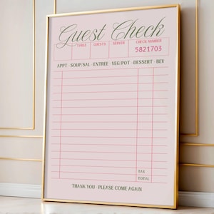Blank Guest Check Print, Vintage Pink and Green Guest Check Wall Art ...