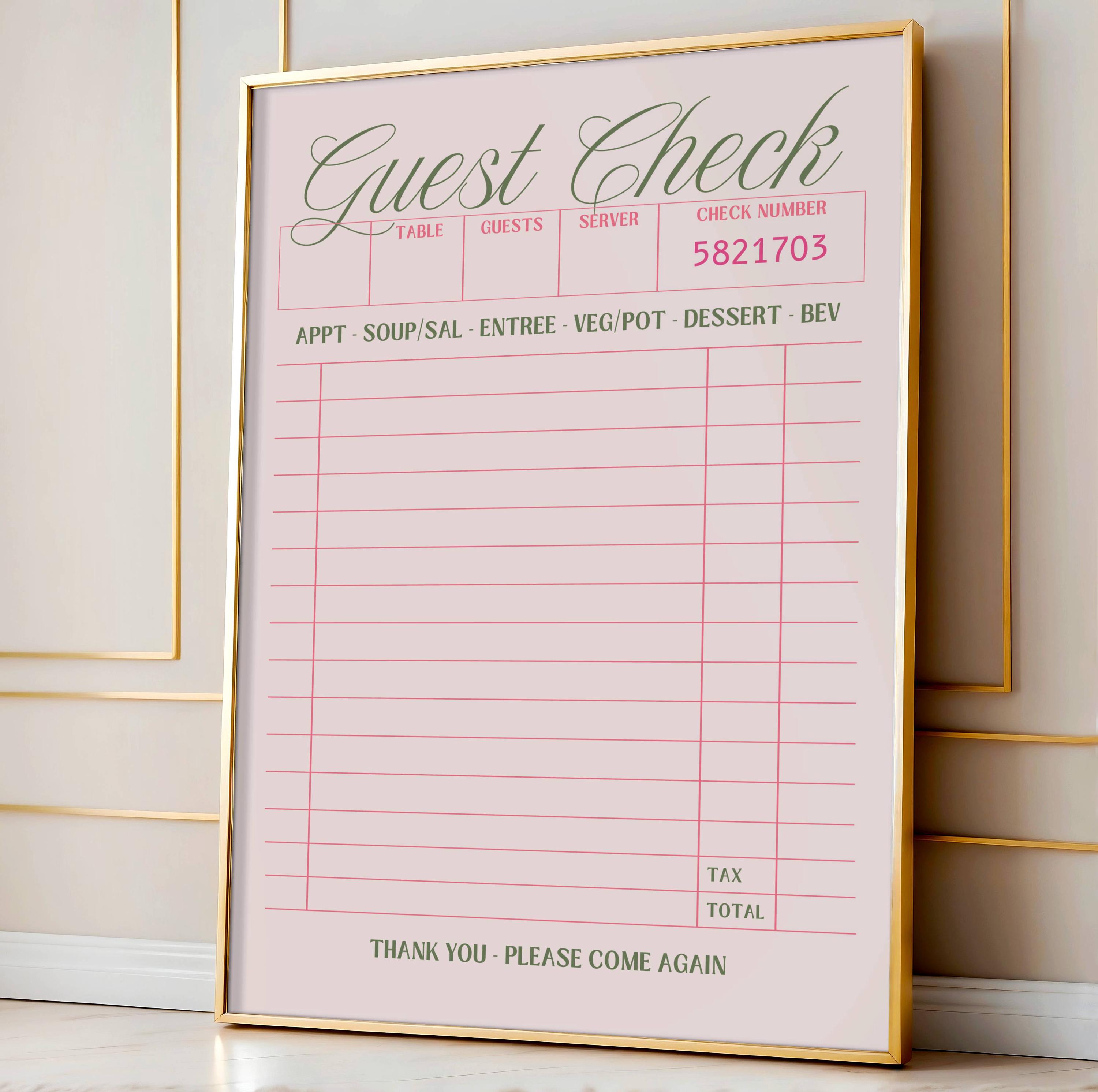Blank Guest Check Print, Vintage Pink and Green Guest Check Wall Art ...