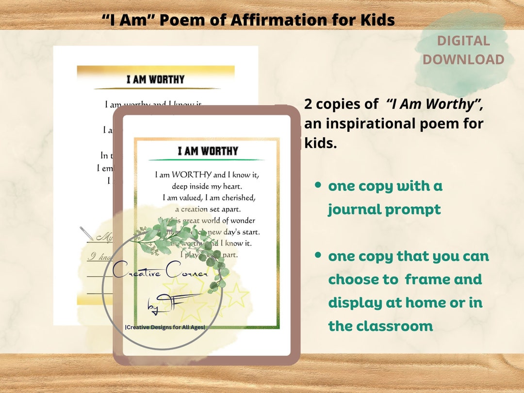 Inspirational Poem of Affirmation for Kids, Affirmation Journal ...