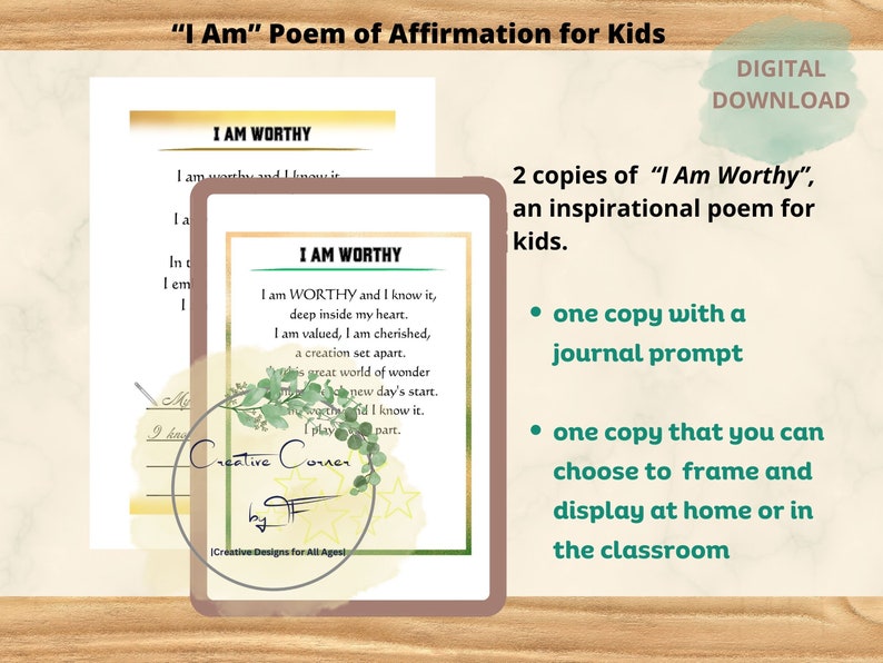 Inspirational Poem of Affirmation for Kids, Affirmation Journal ...