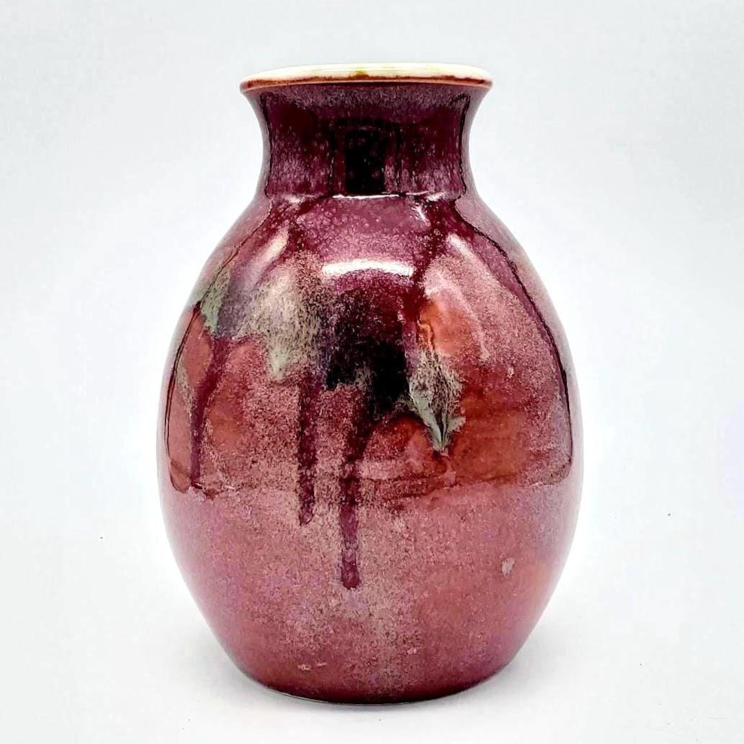 Dusty Red Vase With Gold and Dark Red Drips, Modern Pottery and ...