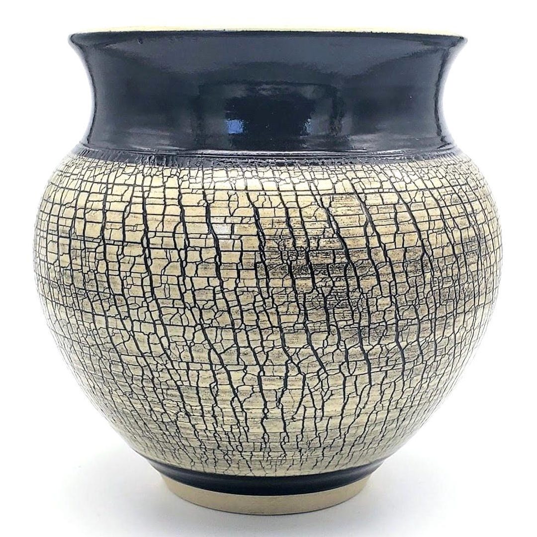 Wide-rimmed Black Crackle Vase, Modern Ceramic Art - Etsy