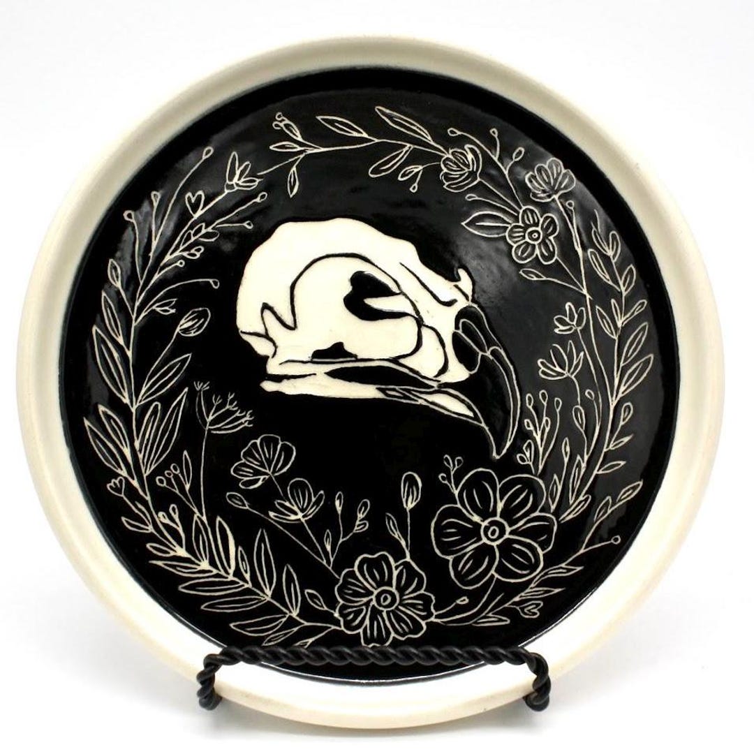 Hawk Skull Plate With Floral Border, Black and White, Hand-carved 6 ...