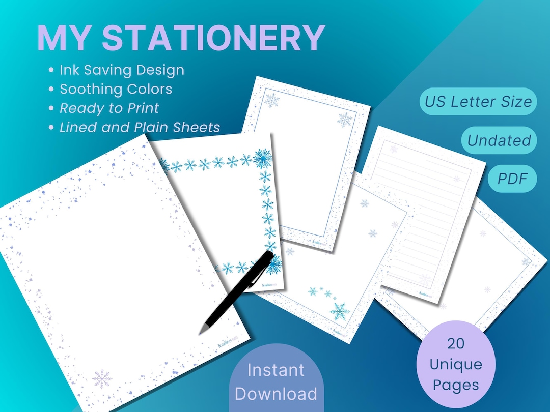 Snowflakes Minimalist Writing Paper, 20 Unique Stationery Sheets, US ...