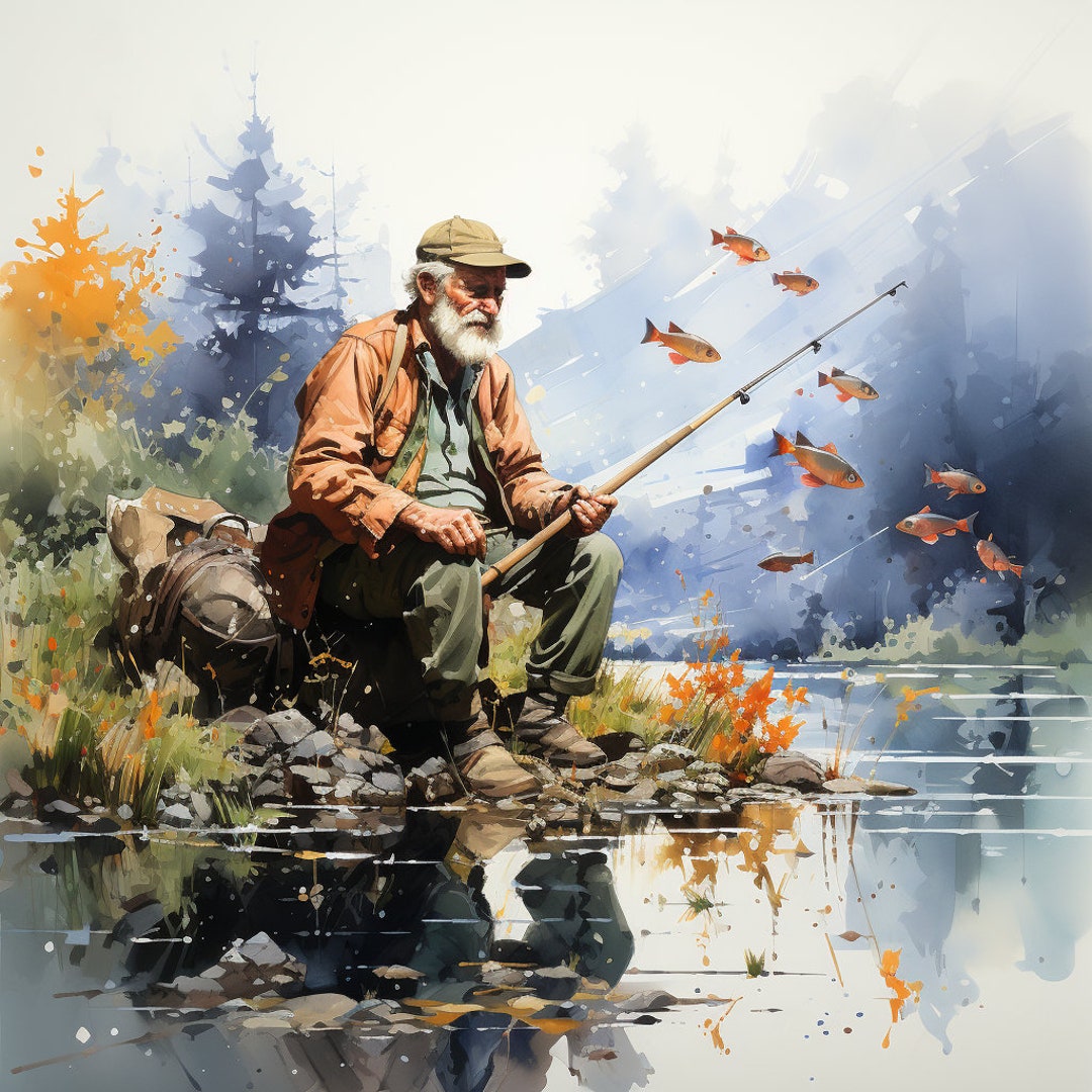 Timeless Serenity: Old Man Gone Fishing Watercolor Digital Prints - Etsy