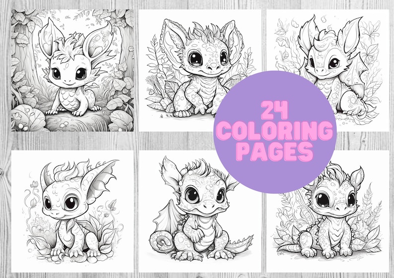 24 Baby Woodland Dragon Fantasy Coloring Page Book, for Adults and Kids ...