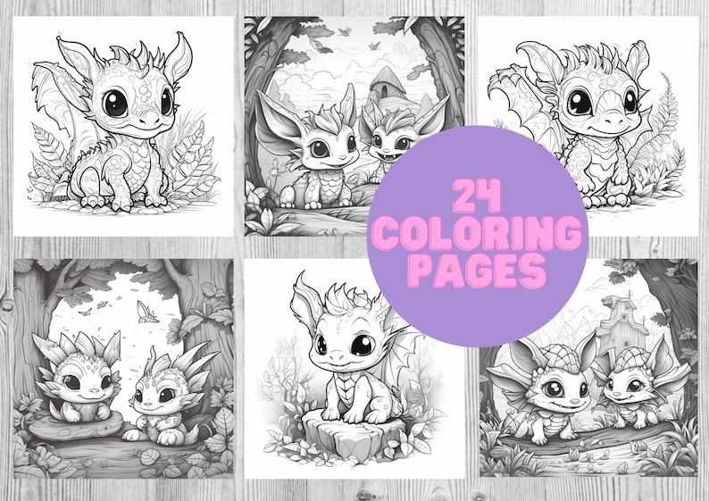 24 Baby Woodland Dragon Fantasy Coloring Page Book, for Adults and Kids ...