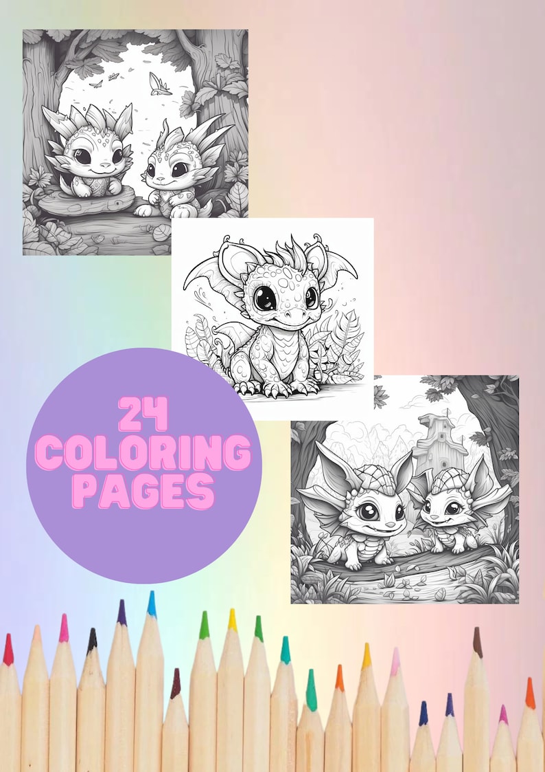 24 Baby Woodland Dragon Fantasy Coloring Page Book, for Adults and Kids ...