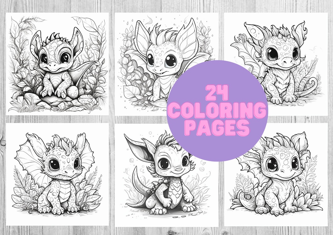 24 Baby Woodland Dragon Fantasy Coloring Page Book, for Adults and Kids ...