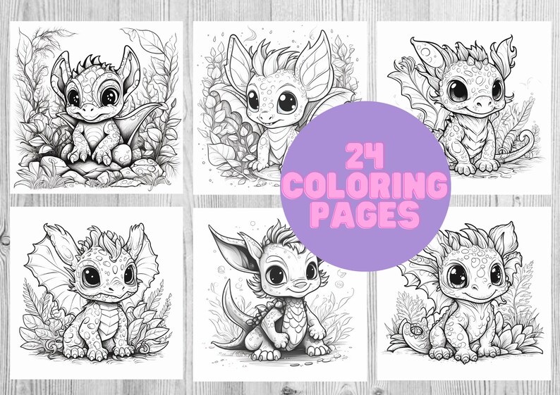 24 Baby Woodland Dragon Fantasy Coloring Page Book, for Adults and Kids ...