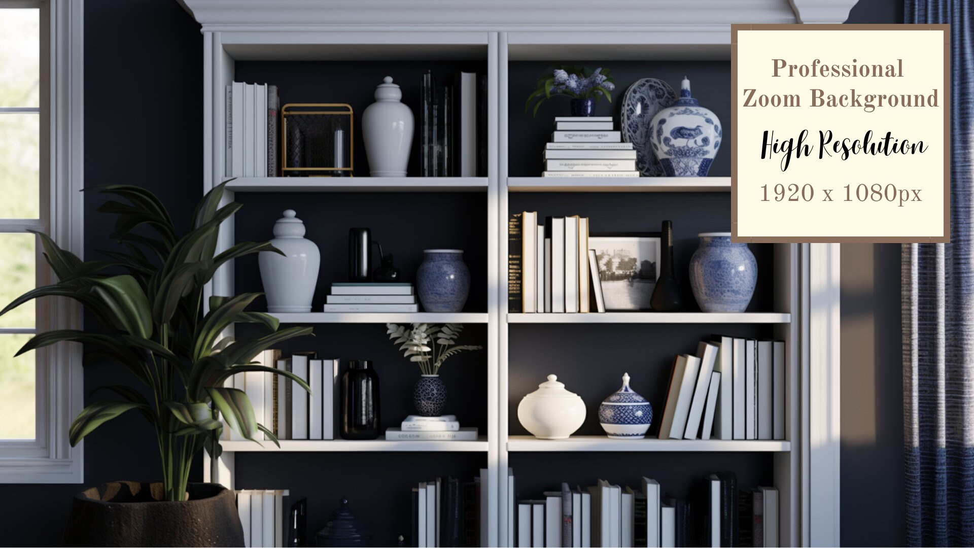 Modern Classic Blue & White Bookcase Zoom Background Professional ...