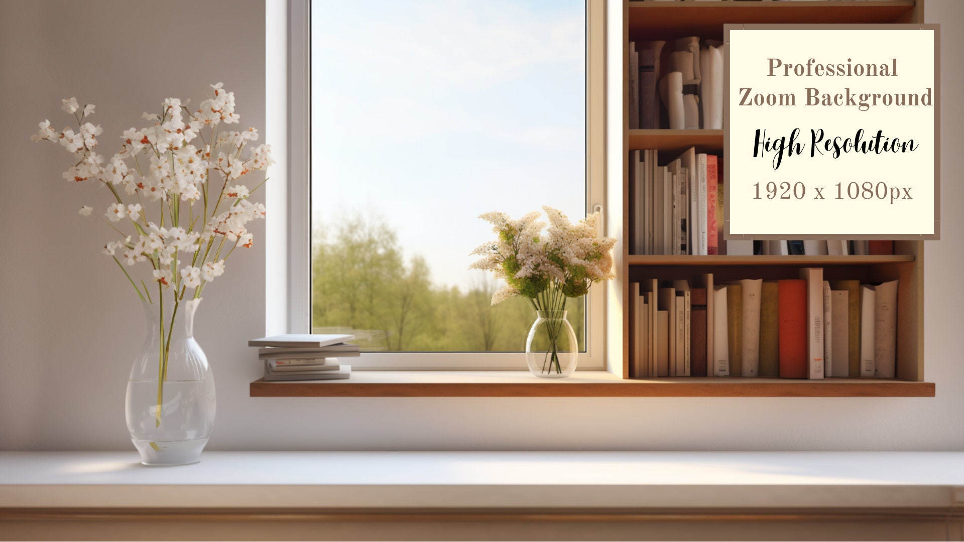 Clean White-window Bookshelf Zoom Background | Professional Virtual ...