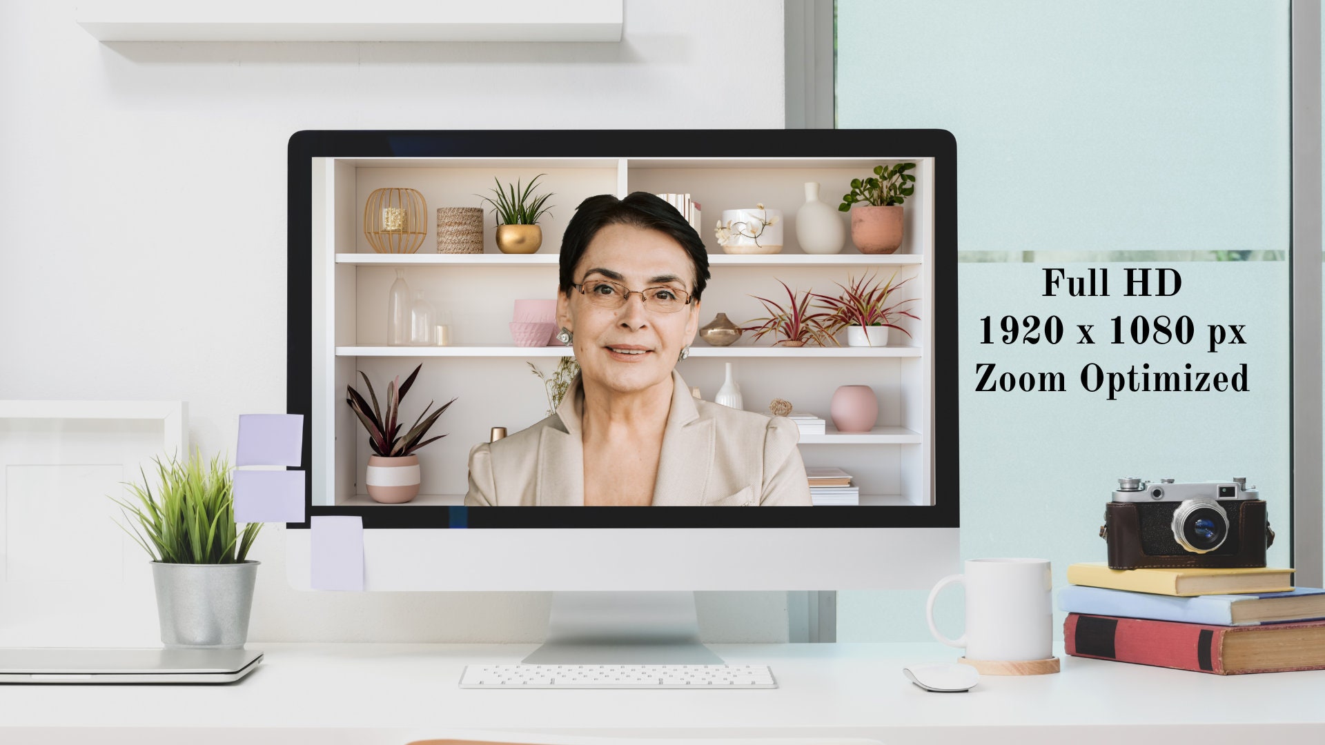 Boho Chic Feminine White Bookcase Zoom Background | Professional ...