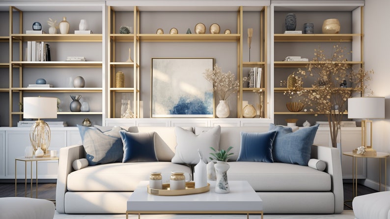 Modern Blue and Gold Living Room Zoom Background | Virtual Background ...
