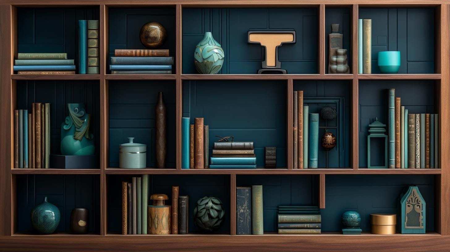 Modern Teal Walnut Bookcase Wall Zoom Background | Professional Virtual ...