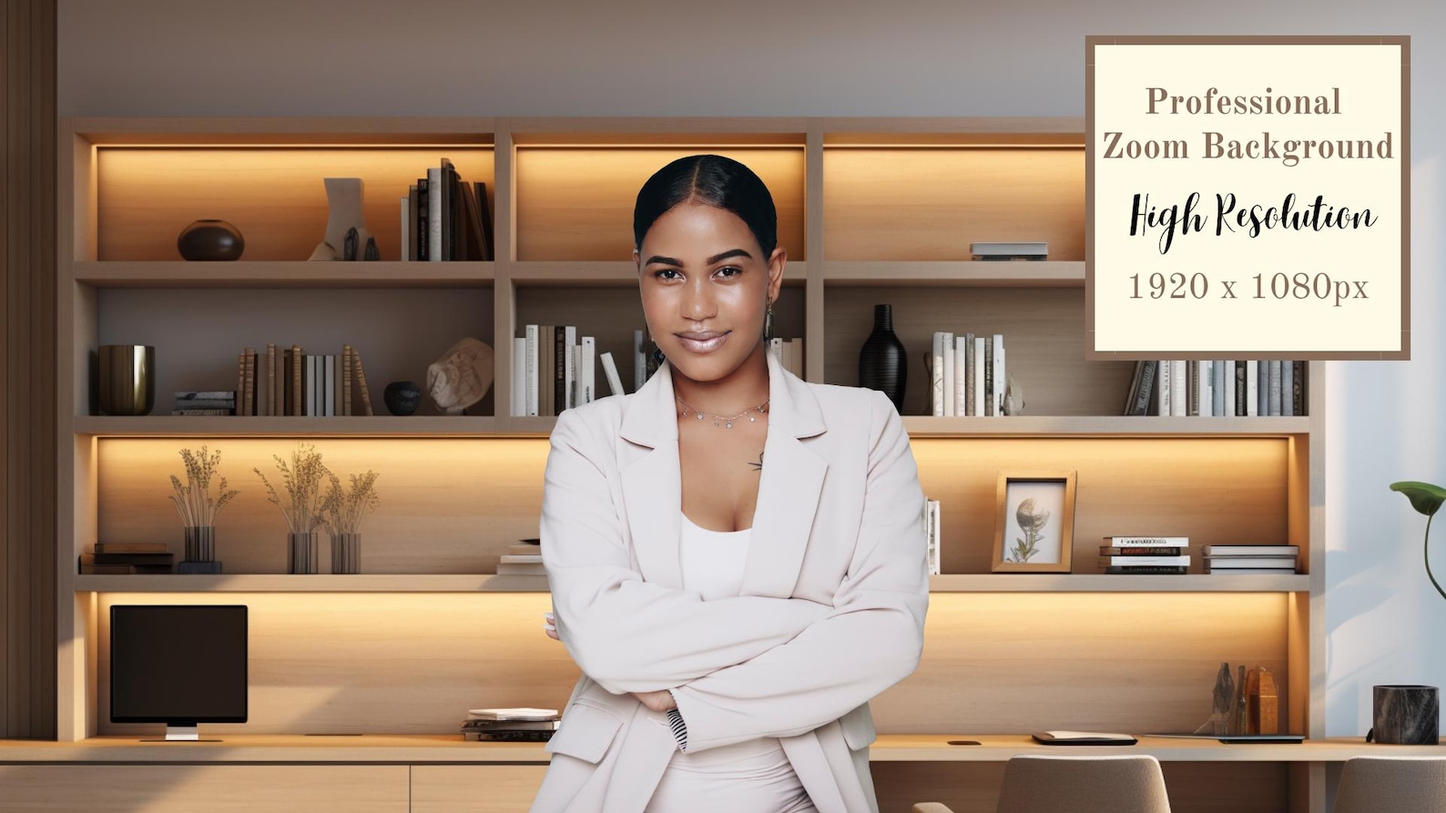 Modern Light Beige Office Bookcase Zoom Background | Professional ...