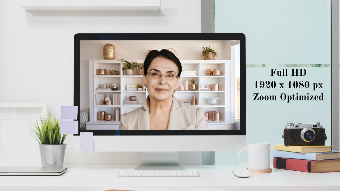 Pink & Gold Boho Chic Shelving Zoom Background Professional Virtual ...