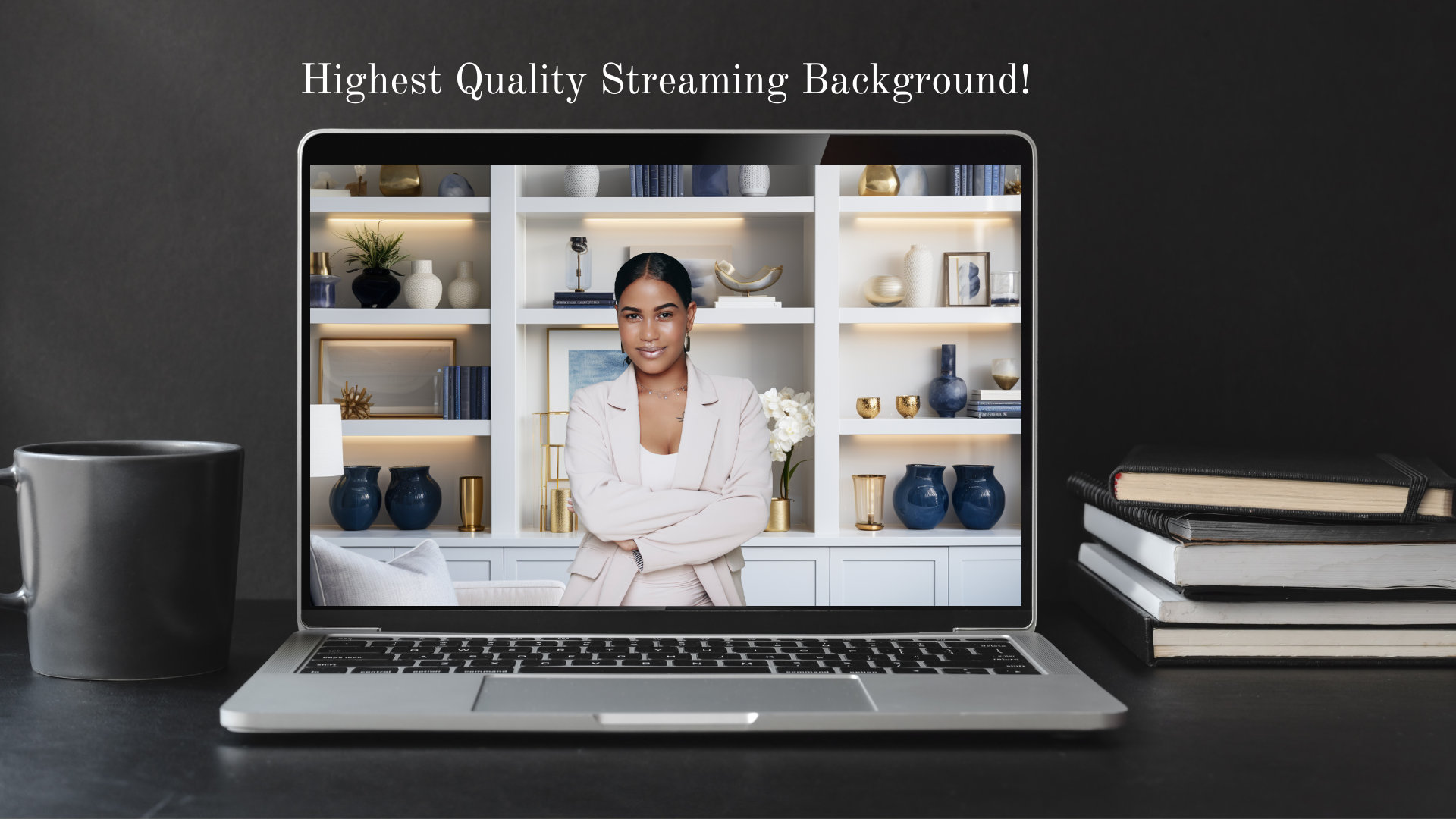 Blue Modern Home Office Wall Shelving Zoom Background Professional ...