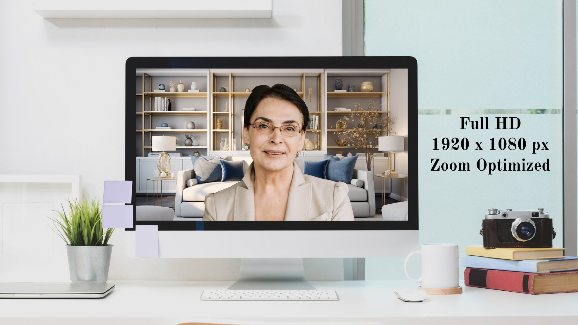 Modern Blue and Gold Living Room Zoom Background Virtual Background for ...