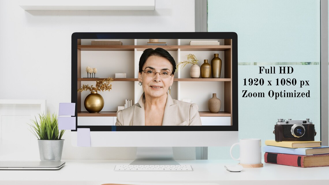 Modern Boho Gold Built-in Bookcase Zoom Background Professional Virtual ...