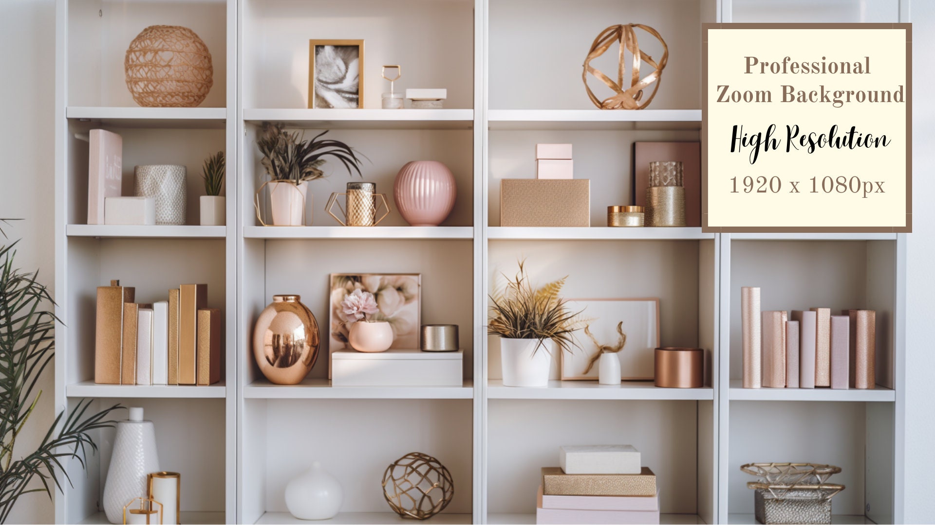 Pink & Gold Boho Chic Bookcase Zoom Background | Professional Virtual ...