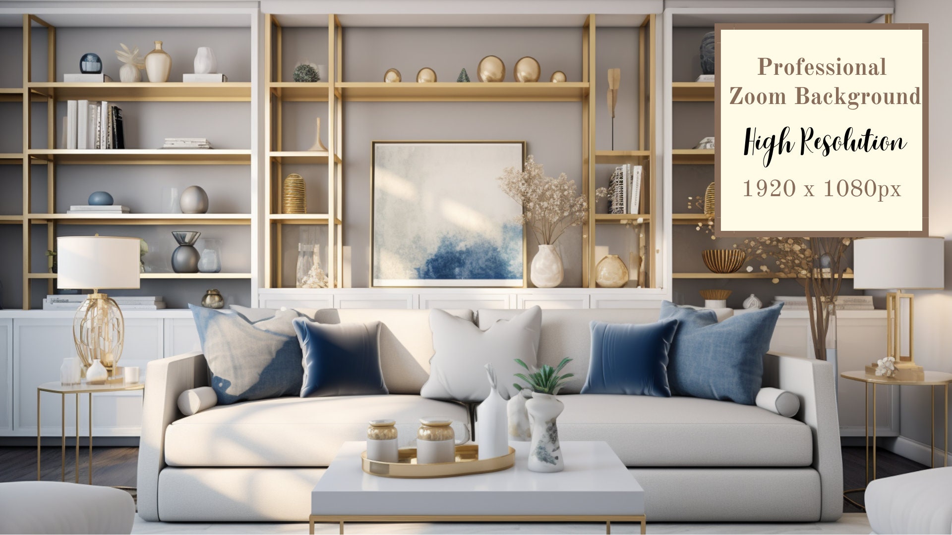 Modern Blue and Gold Living Room Zoom Background | Virtual Background ...