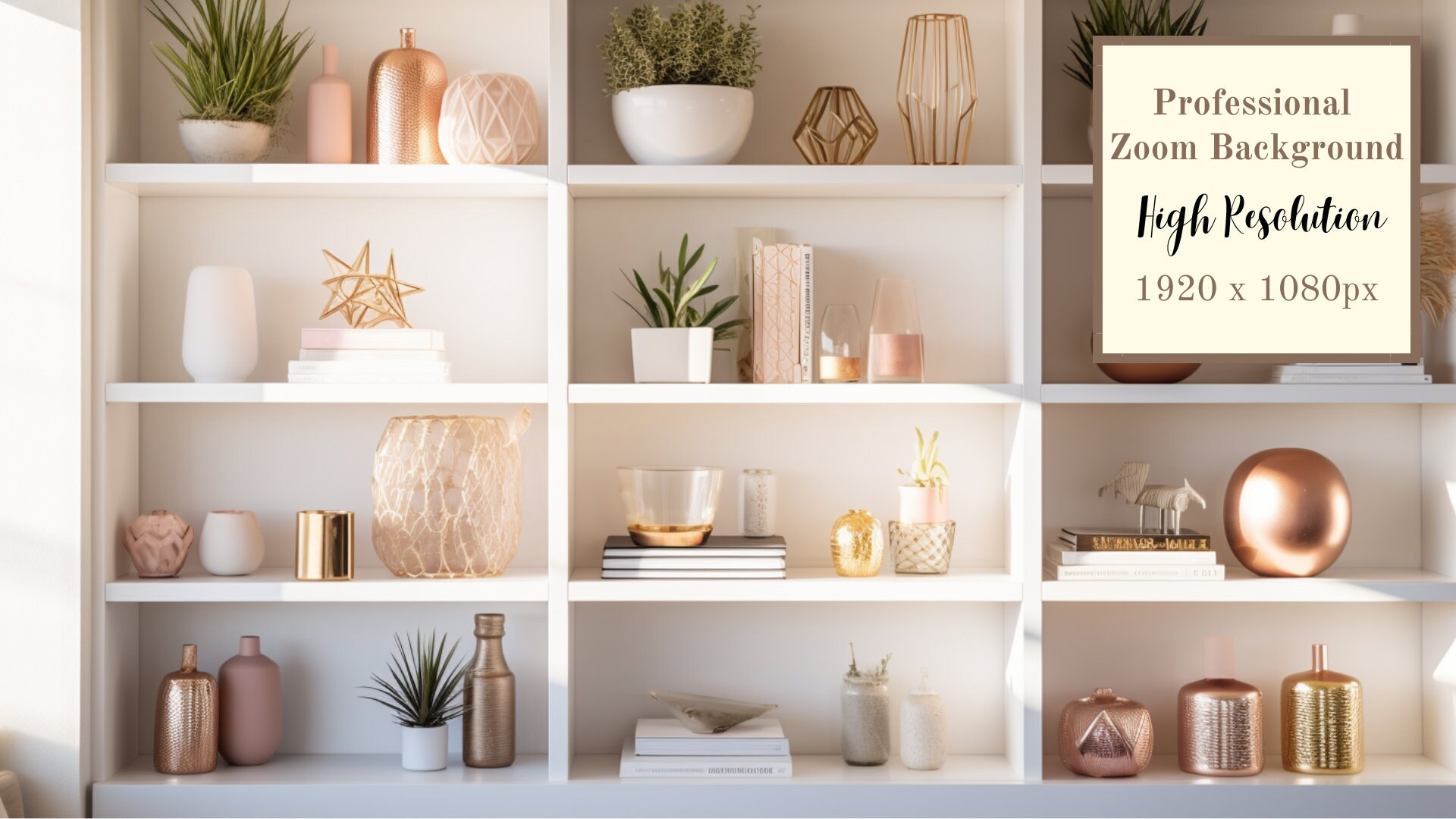 Rose Golden Modern Office Shelves Zoom Background | Virtual Background ...