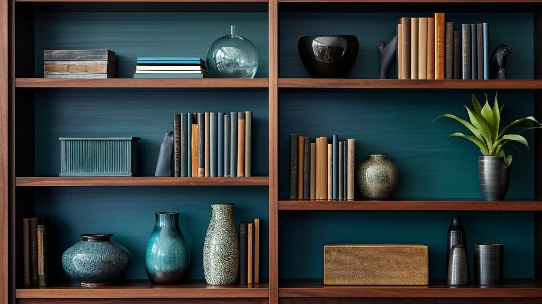Modern Teal Walnut Bookshelf Zoom Background | Professional Virtual ...
