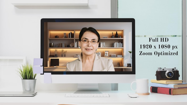 Modern Light Beige Office Bookcase Zoom Background | Professional ...