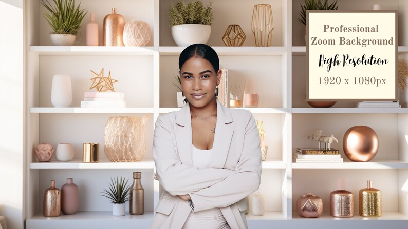 Rose Golden Modern Office Shelves Zoom Background | Virtual Background ...