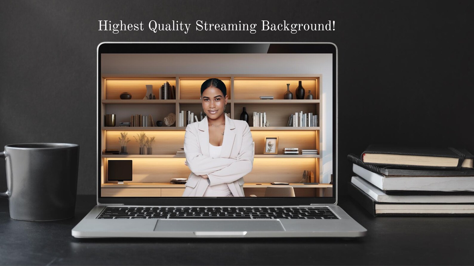 Modern Light Beige Office Bookcase Zoom Background | Professional ...