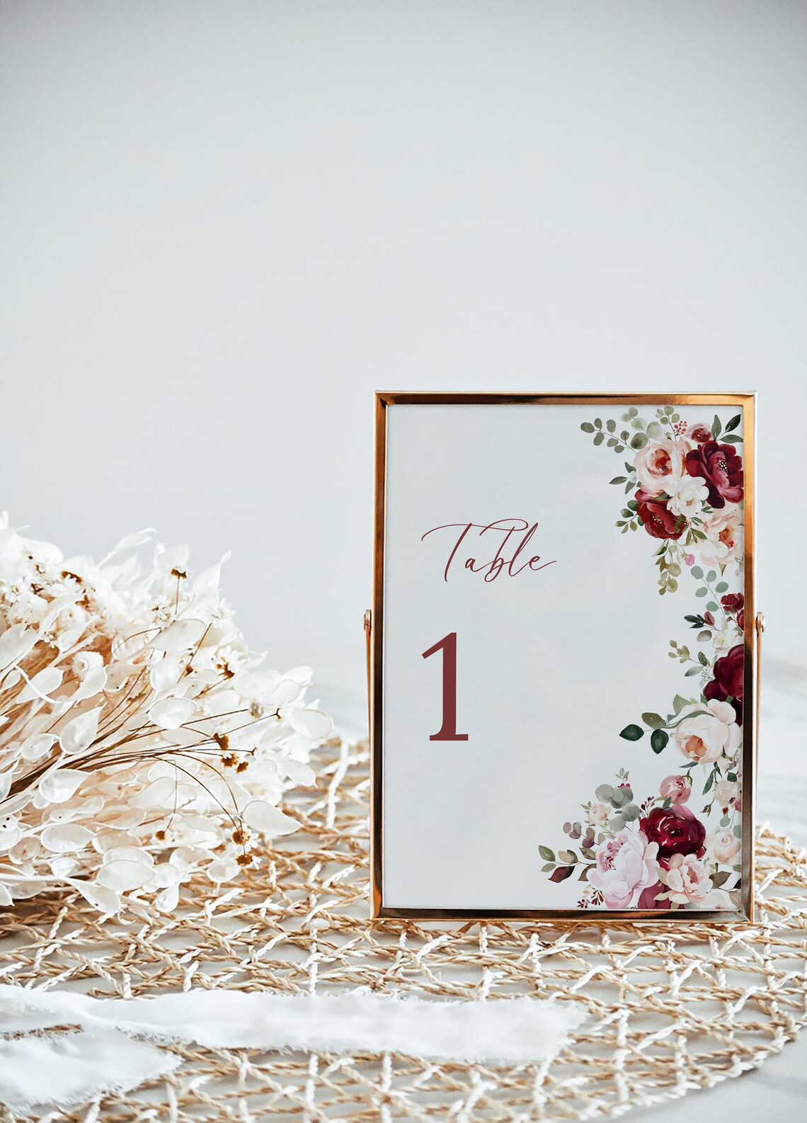 Boho Burgundy Table Number Card Template, Burgundy Rose Wedding Table ...