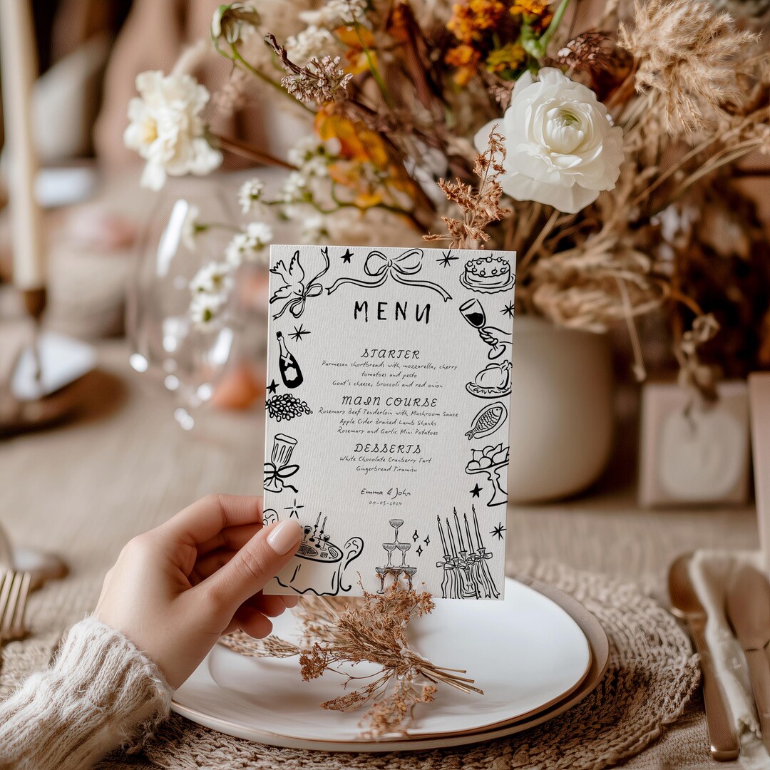 Hand Drawn Wedding Menu Template, Modern Wedding Menu Template, Hand ...