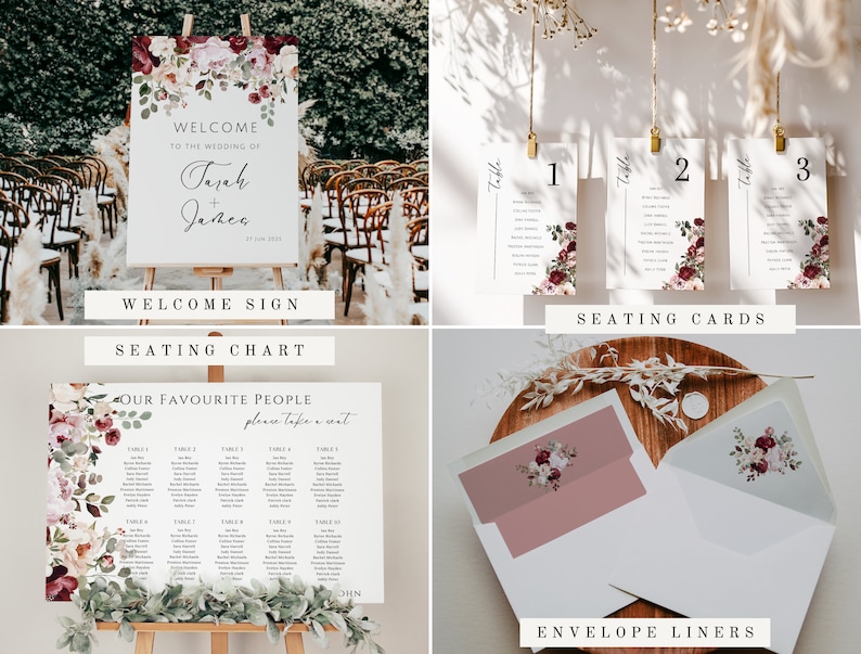 Boho Burgundy Wedding Invitation Bundle, Editable Burgundy Rose Wedding ...