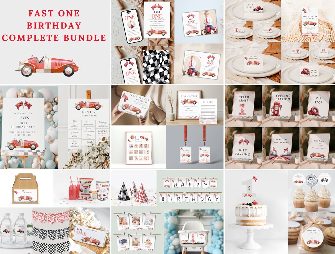 Fast One Birthday Bundle, First Birthday Bundle, Retro Race Car First ...