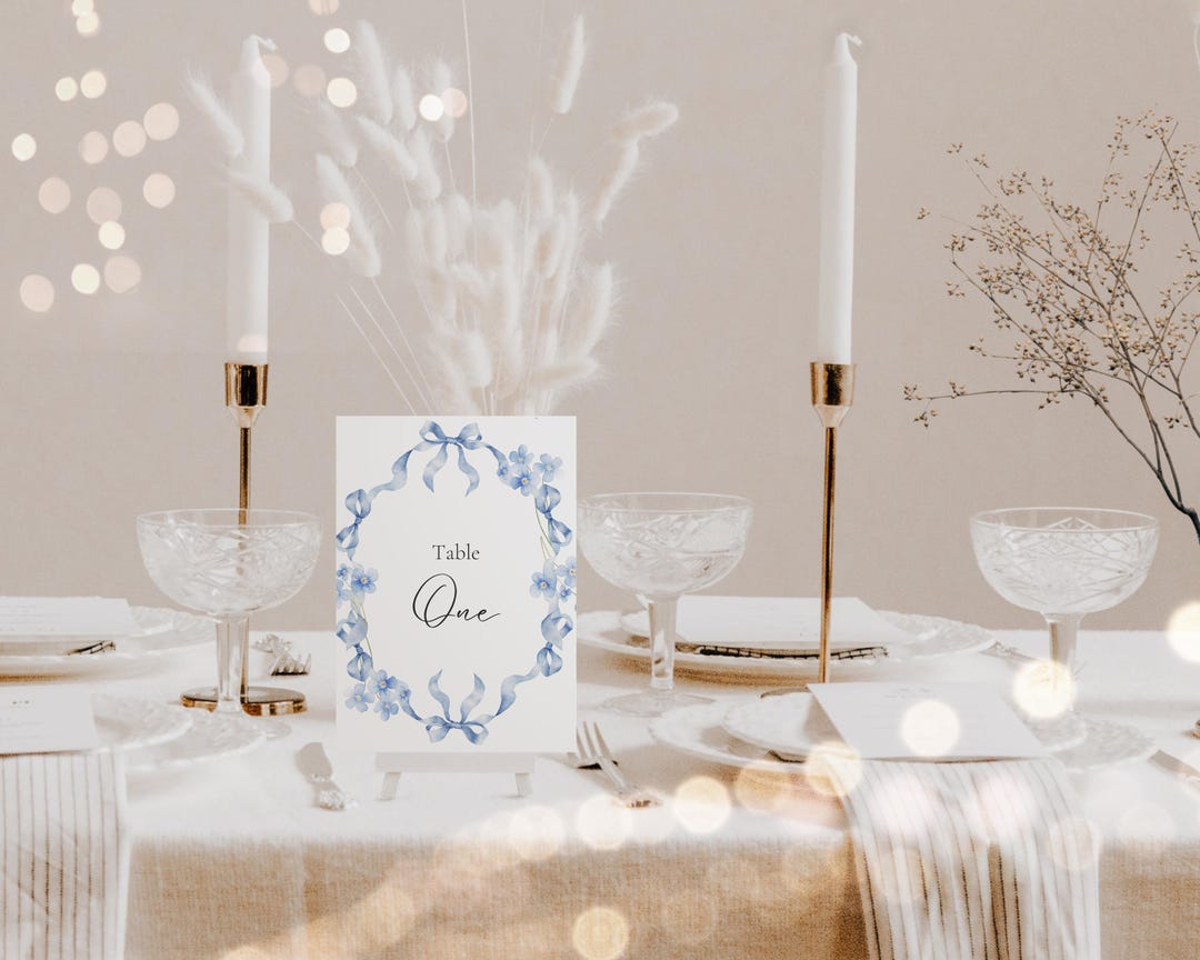 Dusty Blue Floral Table Number Template, blue Bow Spring Table Decor ...