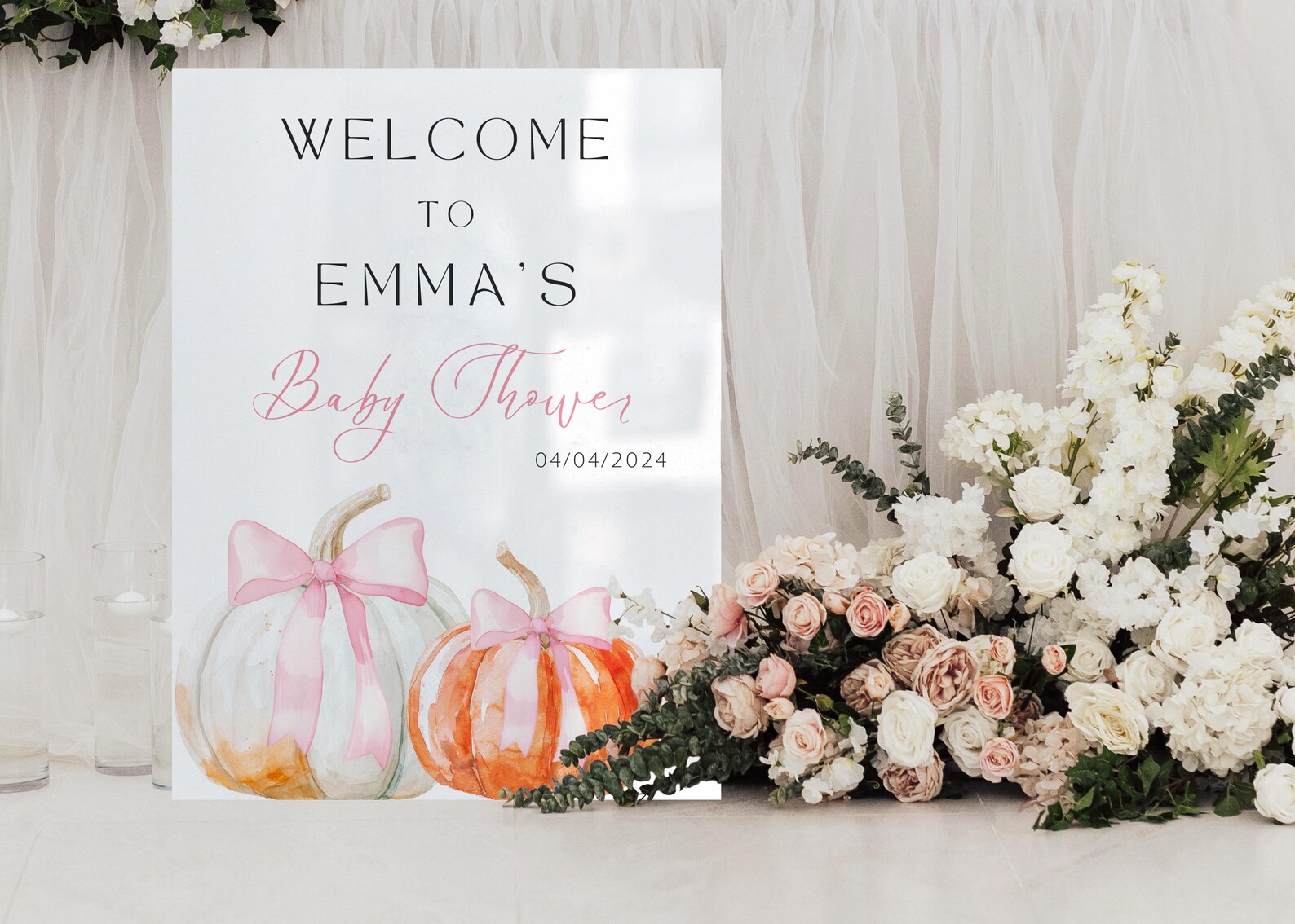 Pumpkin Baby Shower Welcome Sign, Pumpkin Bow Fall Baby Shower Welcome ...