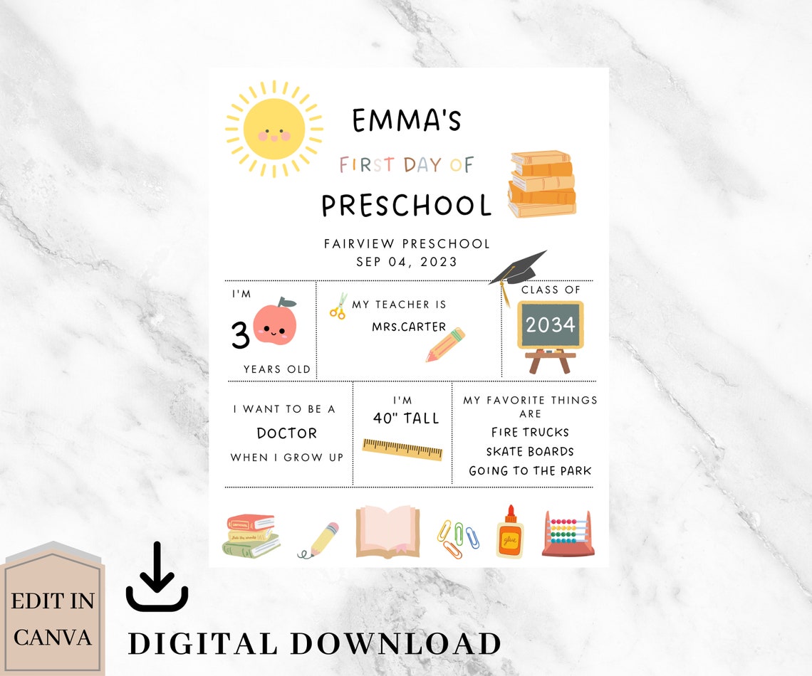 Editable First Day of Pre School Sign, First Day of School Sign ...